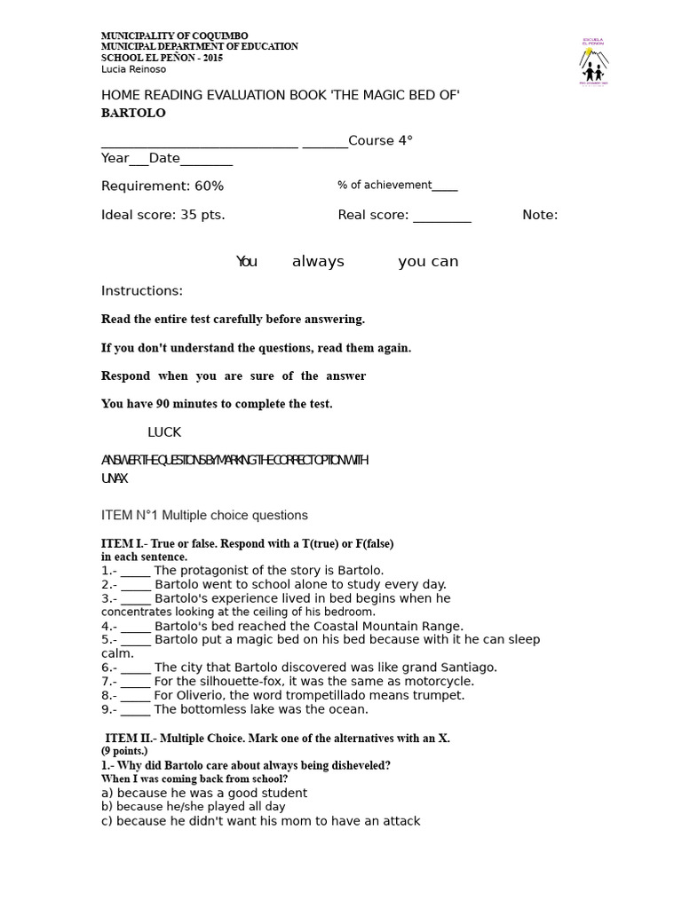 Home Reading Evaluation: The Magic Bed | PDF