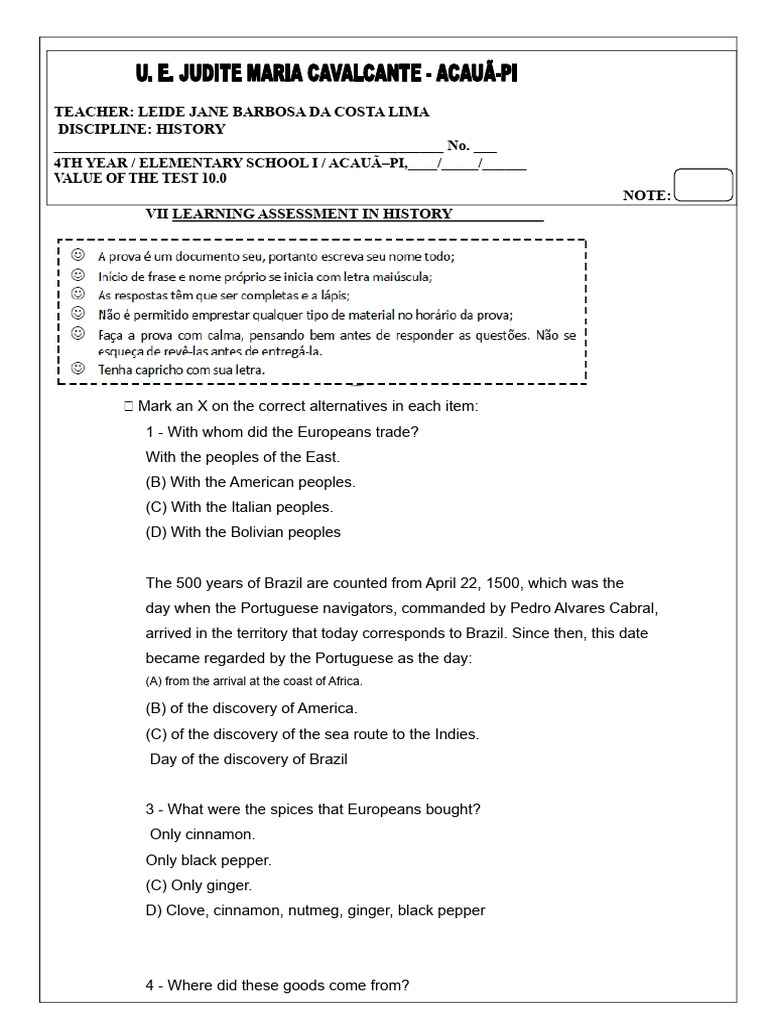 Fifth History Exam 4th Year | PDF