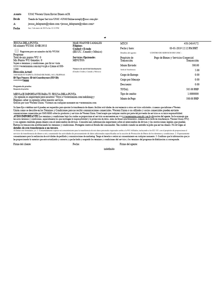 Yahoo Mail Documento - USSC Western Union Enviar Dinero ACR | PDF ...