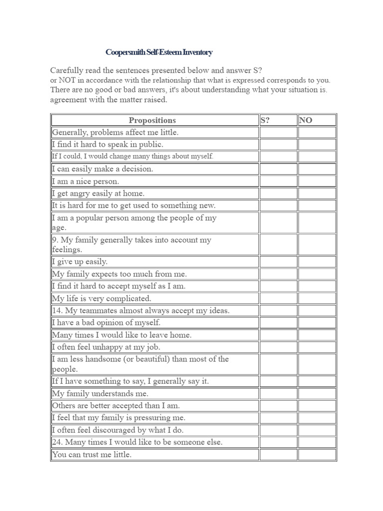 Child Self-Esteem Questionnaire Evaluate | PDF | Self Esteem ...