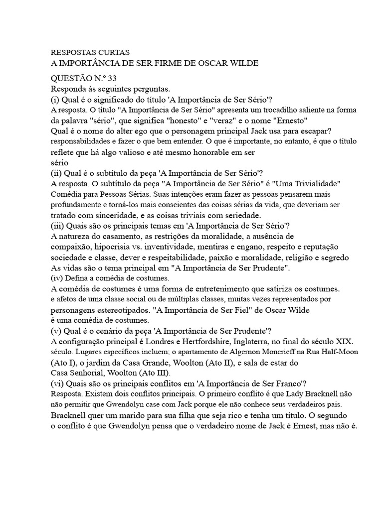 Análise de "A Importância de Ser Sério" | PDF | Oscar Wilde