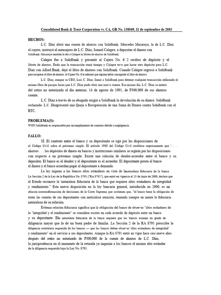 Banco y Corporación de Fideicomiso Consolidado vs. CA, GR No. 138569 ...