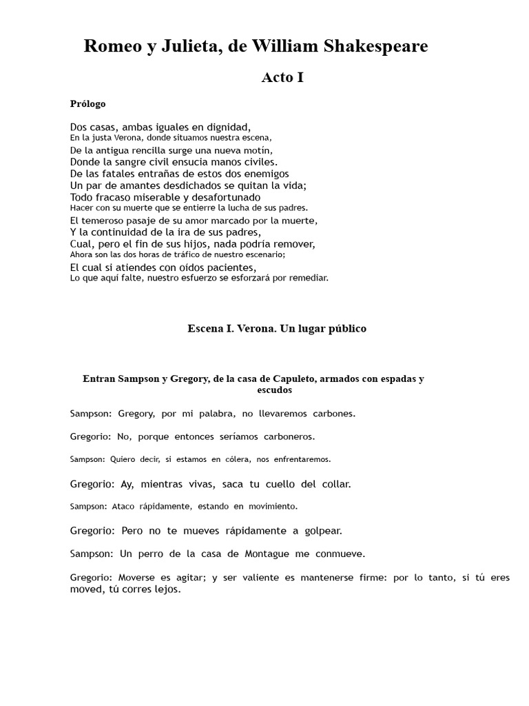 Romeo y Julieta: Acto 1, Escena 1 | PDF | Romeo y Julieta | Amor