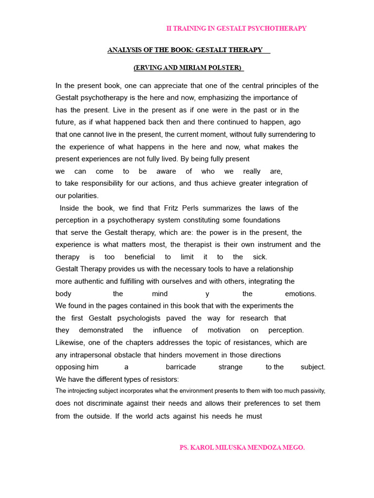 ANALYSIS OF THE BOOK Gestalt Therapy by Erving and Miriam Polster | PDF ...
