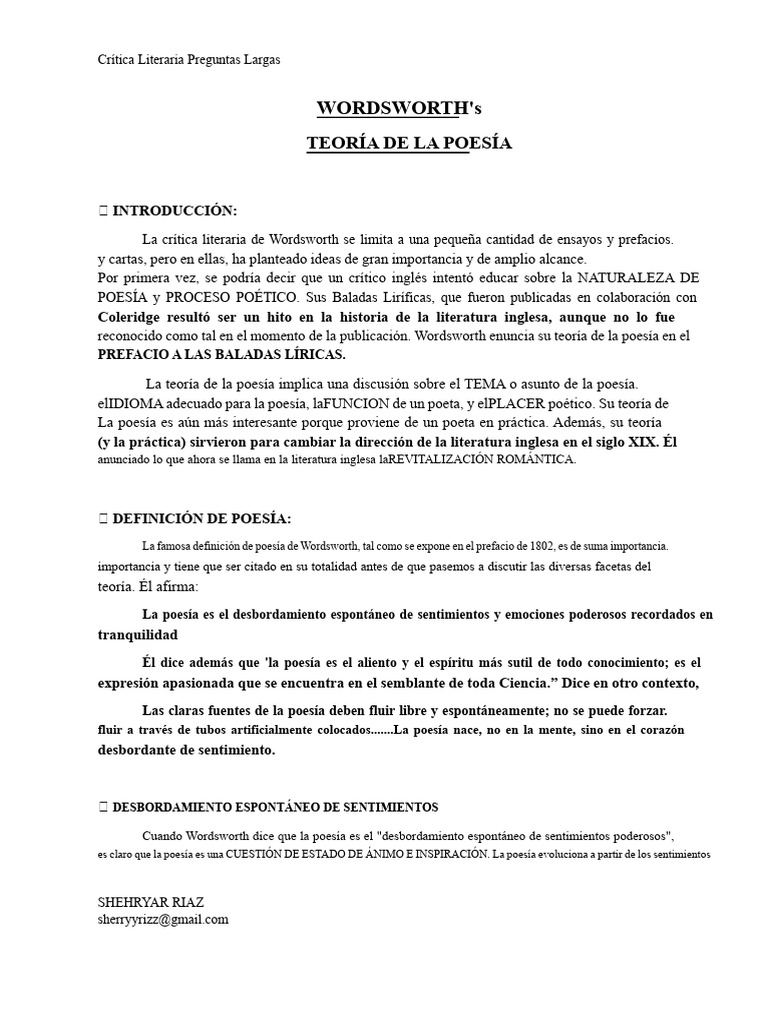 Teoría de la poesía de Wordsworth | PDF | William Wordsworth | Poesía