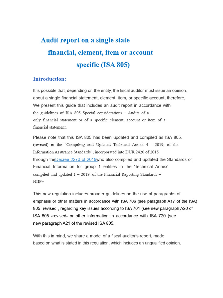 Audit Report Under ISA 805 | PDF | Auditor's Report | Audit