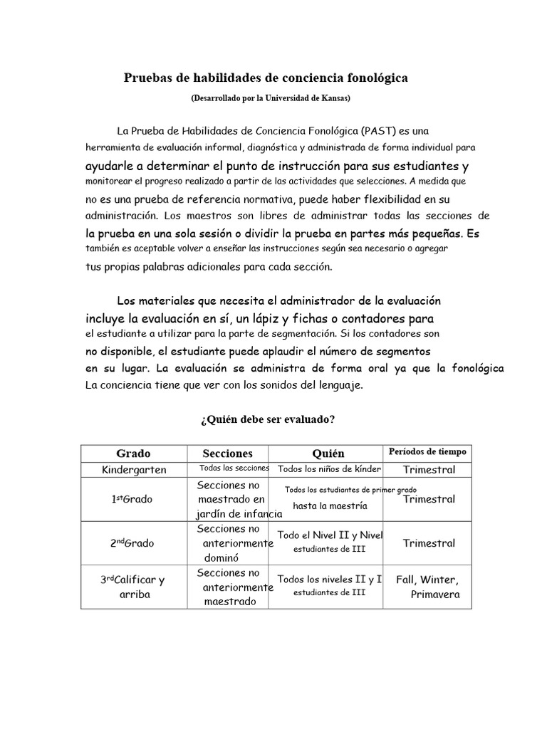 Evaluación de Conciencia Fonológica PAST | PDF | Educación de la ...