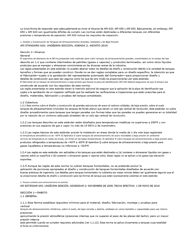 Alcance de API 650, API 620 y API 653 | PDF | Presión | Tanques