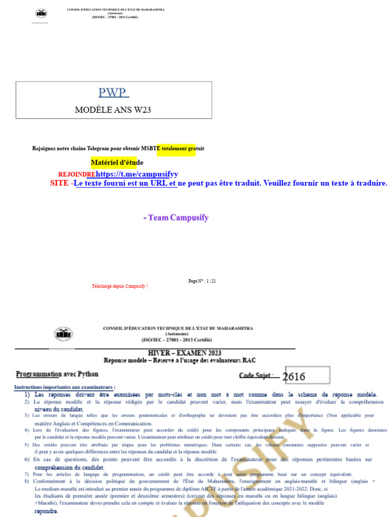 Modèle PWP Ans W23 Par Campusify | PDF | Python (Langage de ...