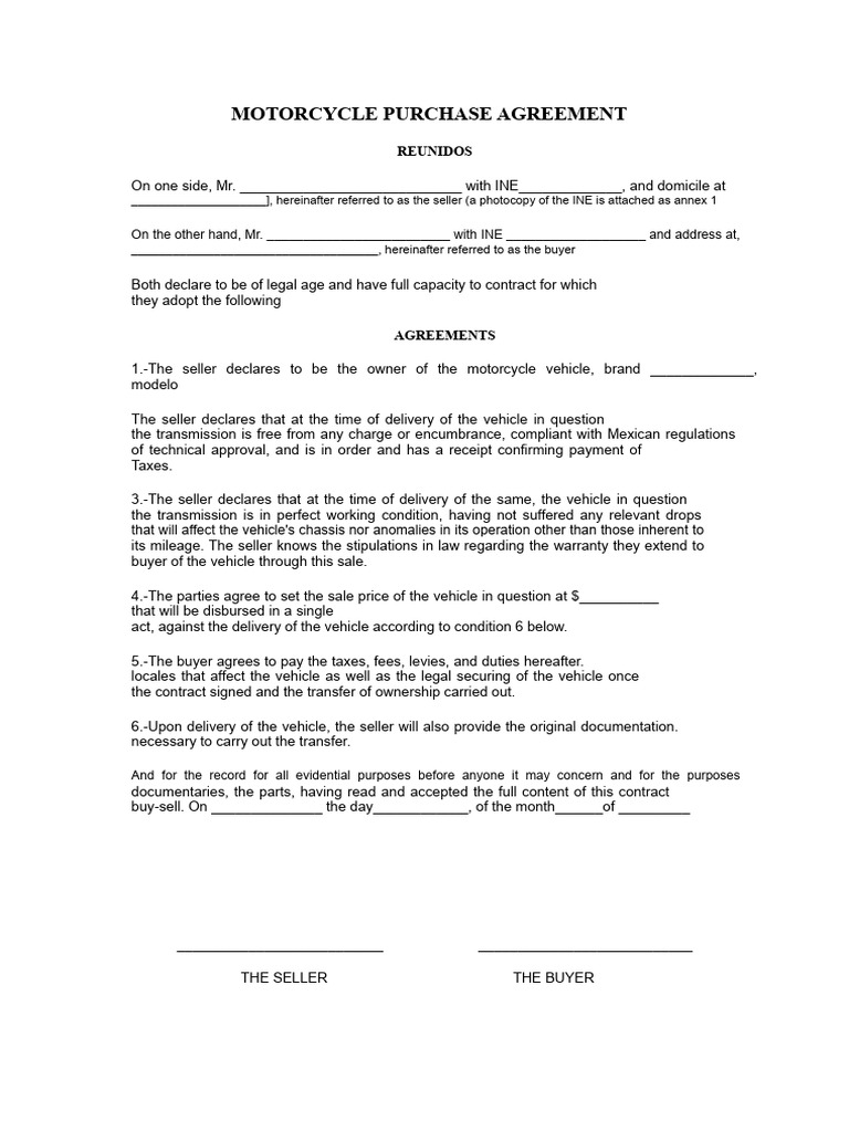 Motorcycle Purchase Agreement Template | PDF