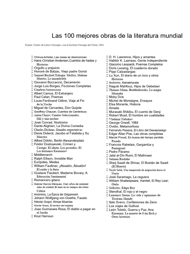 Las 100 Mejores Obras de La Literatura Mundial | PDF