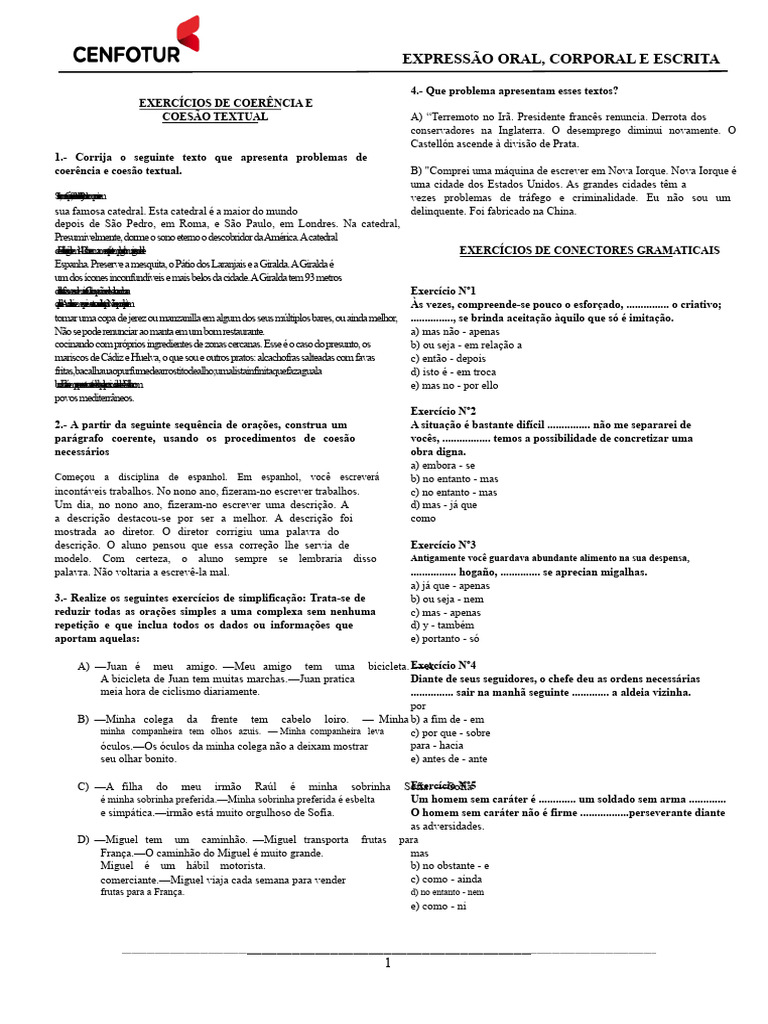05.- Exercícios de Coerência e Coesão Conectores Gramaticais | PDF ...