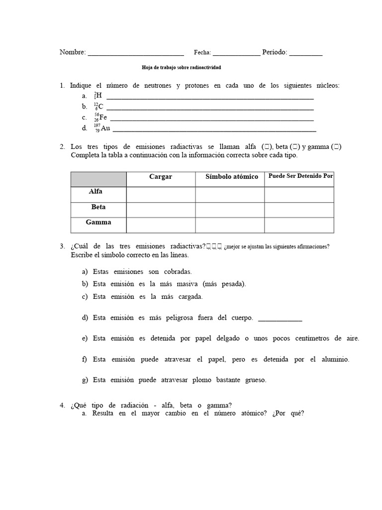 Hoja de Trabajo Sobre La Radiactividad Nuclear | PDF | Desintegración ...