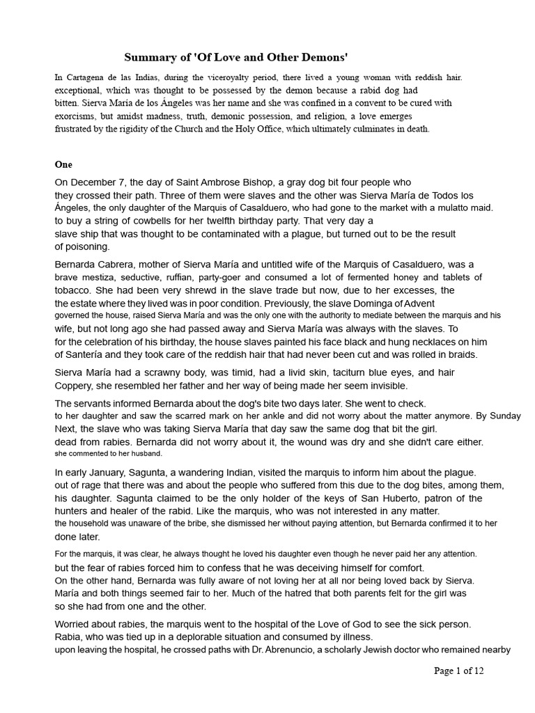 Summary of of Love and Other Demons | PDF