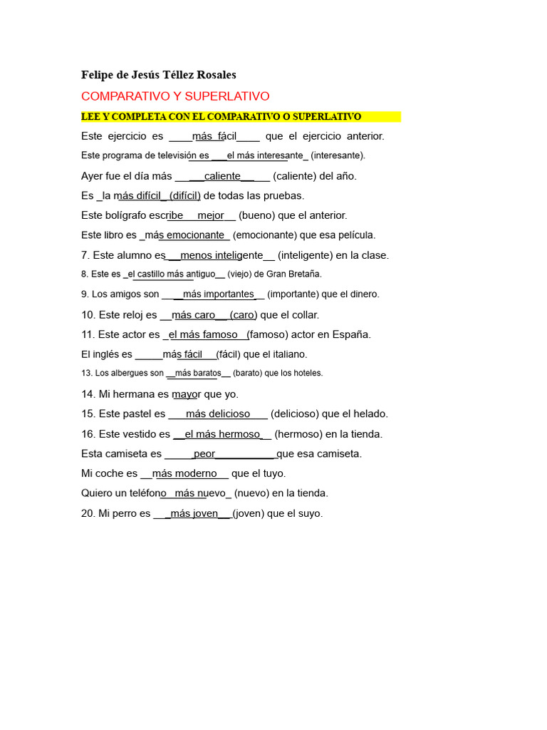 Ejercicios de comparativos y superlativos | PDF