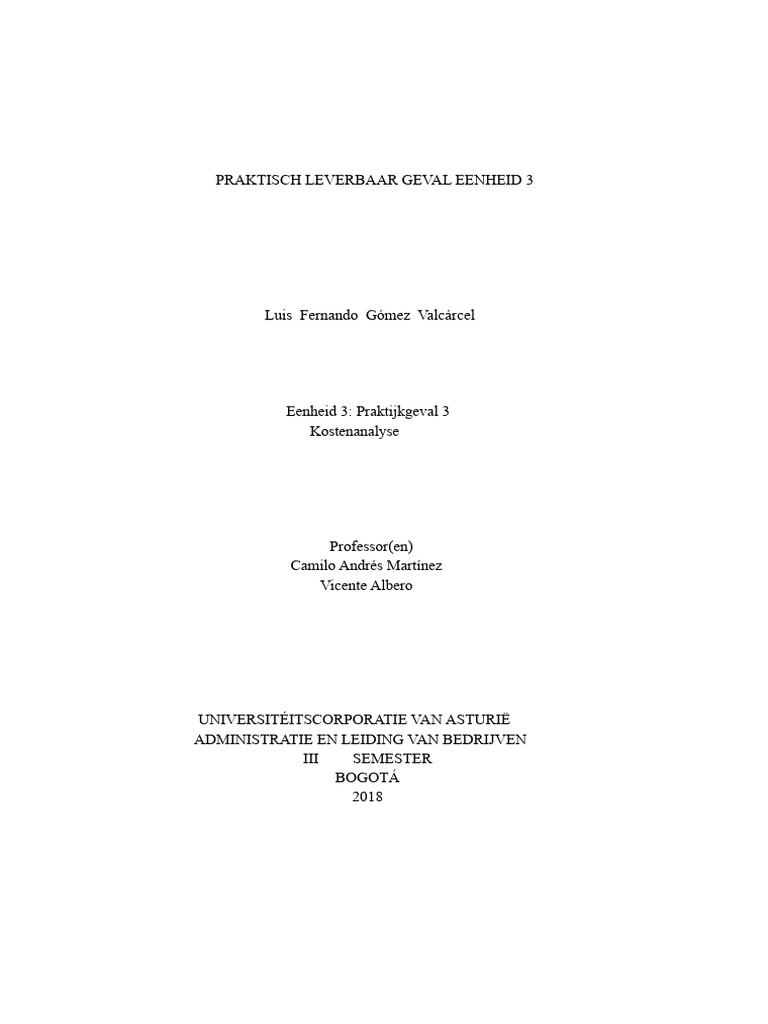 Praktisch Geval Inleverbaar Eenheid 3 Kostenanalyse | PDF