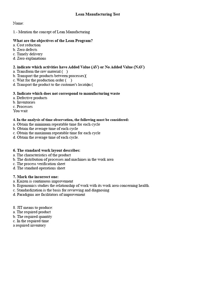 Lean Manufacturing Test | PDF