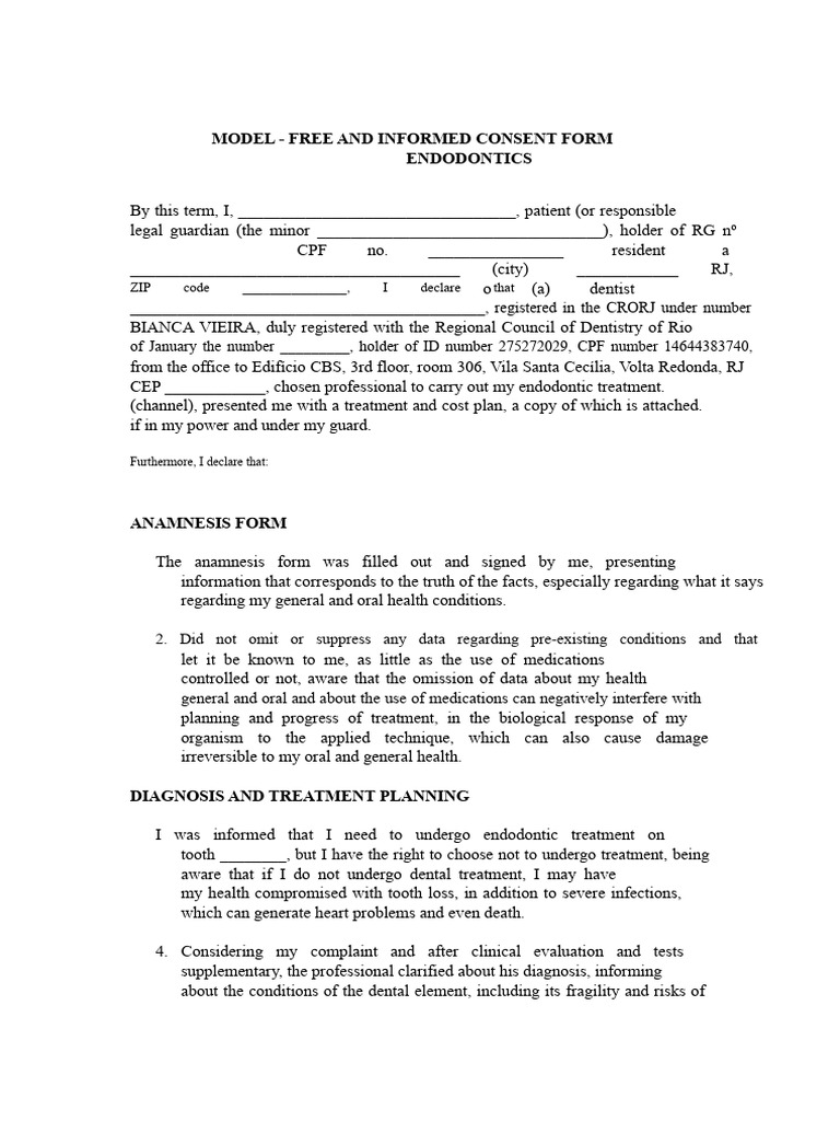 Model - Free and Informed Consent Form Endodontics | PDF | Health Care | Dentistry Branches