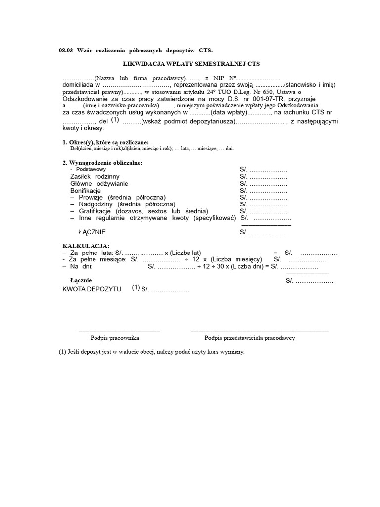 Model Rozliczenia Półrocznych Depozytów CTS | PDF