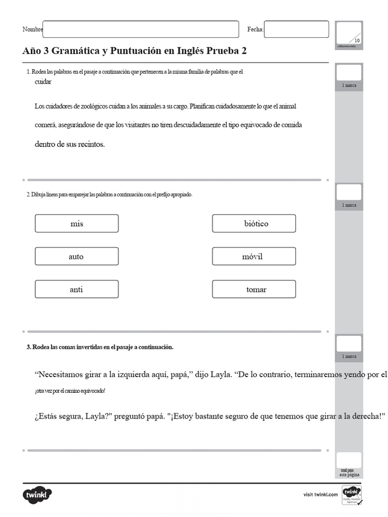 Prueba de Gramática y Puntuación de Inglés para El Año 3 - Prueba 2 ...