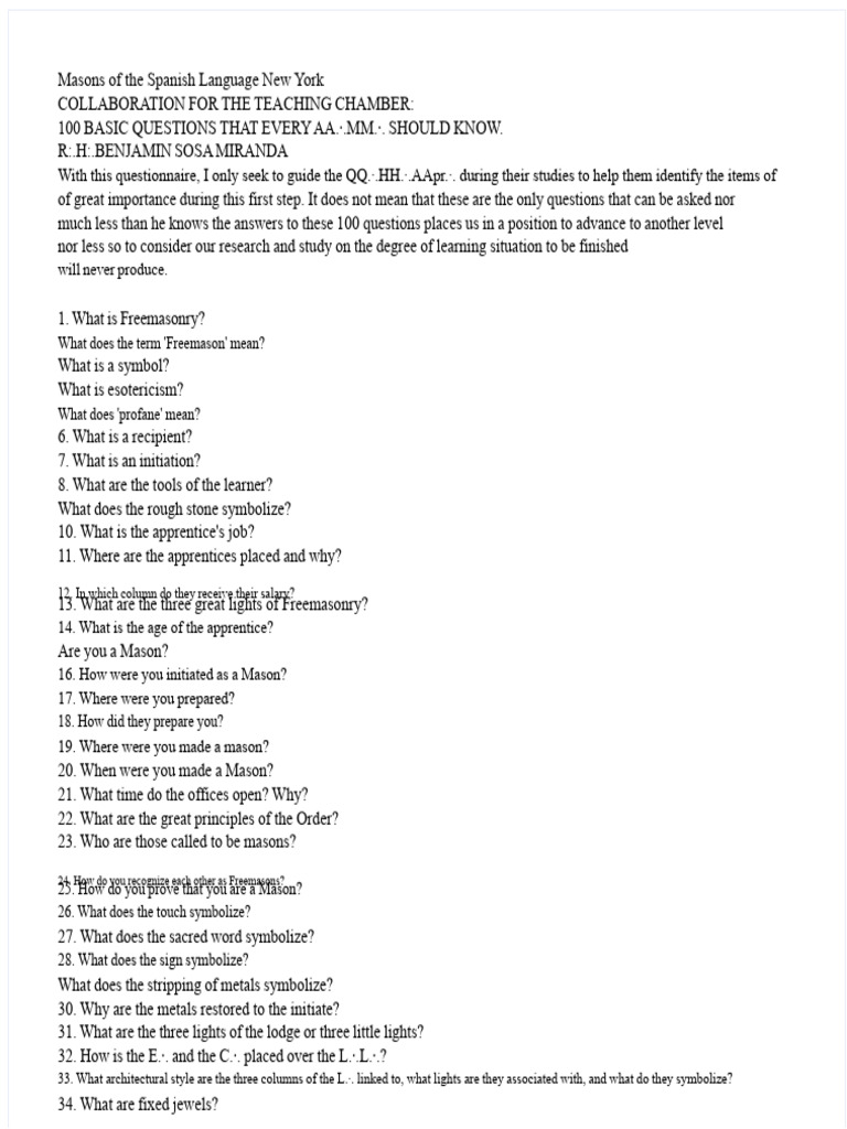 Essential Masonic Questions for Apprentices | PDF | Freemasonry | Queen ...