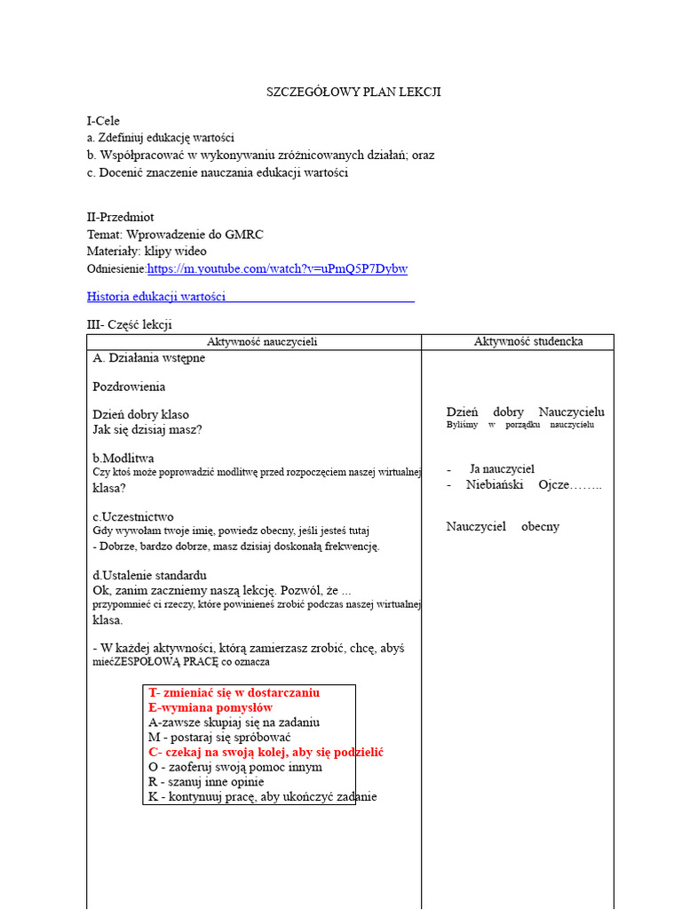 SZCZEGÓŁOWY PLAN LEKCJI-w-educ-227 | PDF