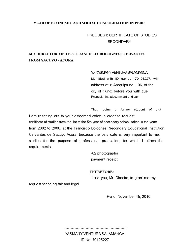 Request for Secondary School Certificate | PDF