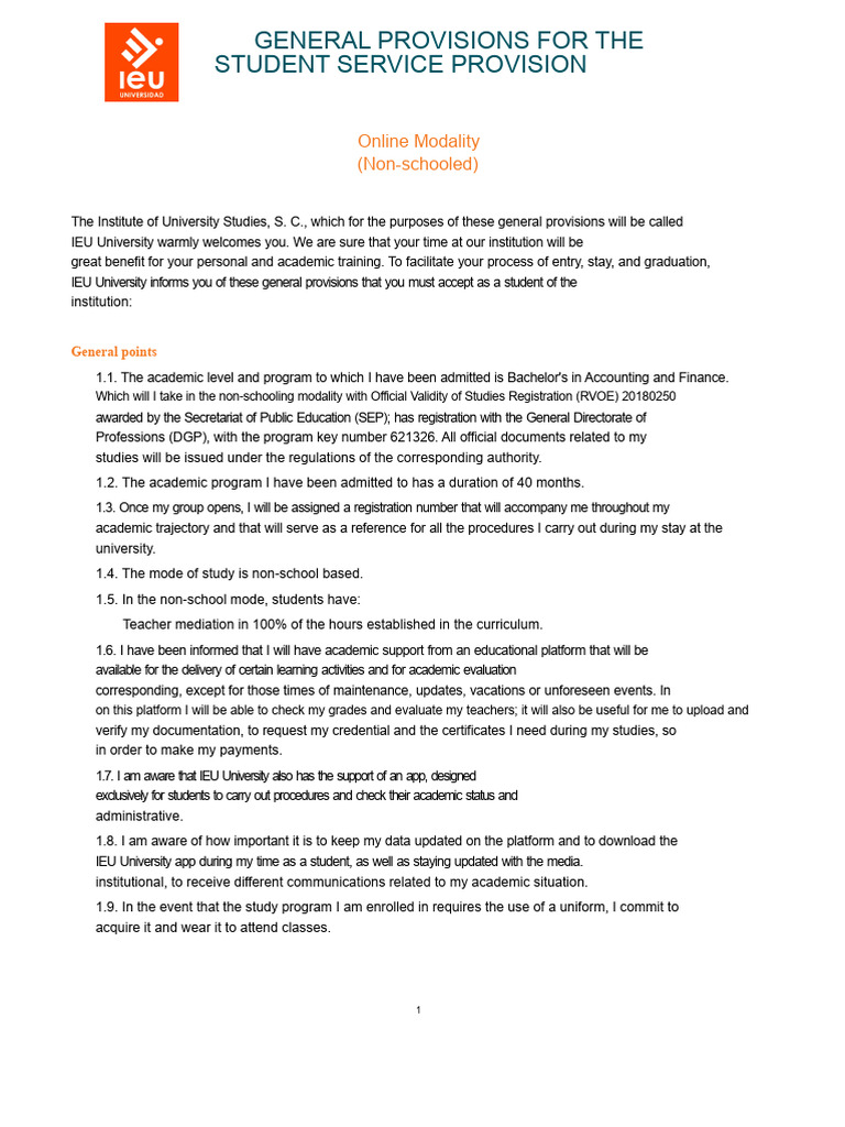 IEU University Student Service Provisions | PDF | Payments | Fee