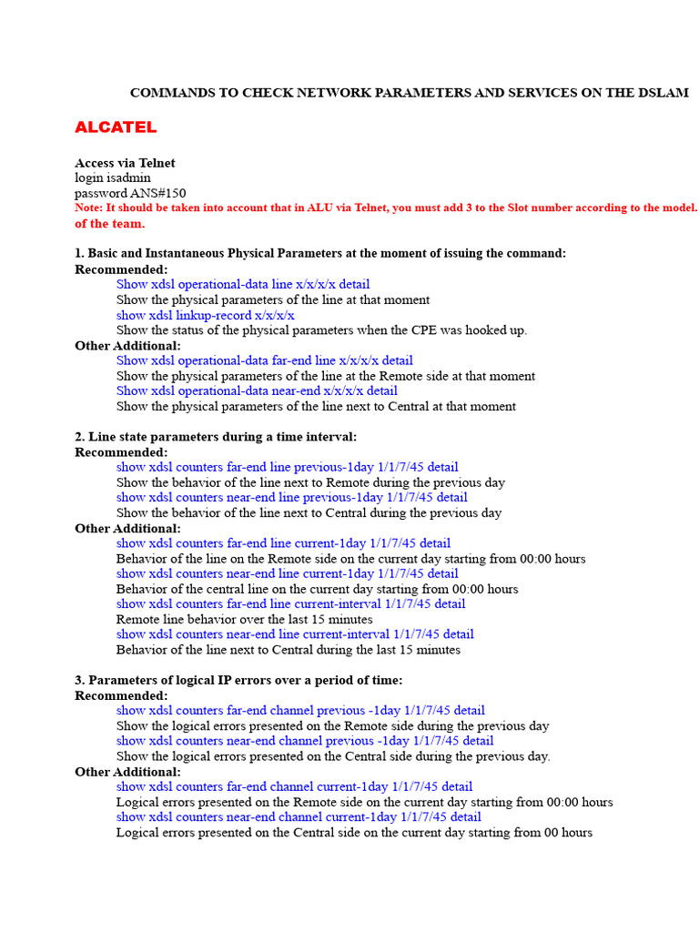 Commands to extract DSLAM network parameters | PDF | Digital Subscriber Line ...