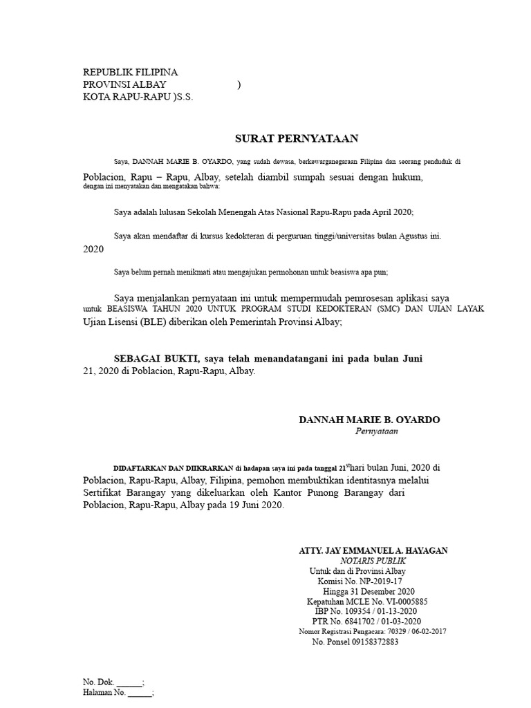 Afidavit Tidak Adanya Beasiswa | PDF