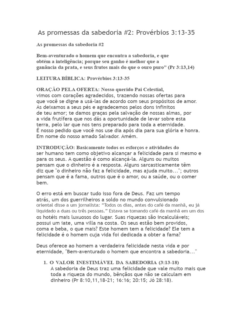 TEMA 05 - As promessas da sabedoria Provérbios 3.13-35 | PDF ...