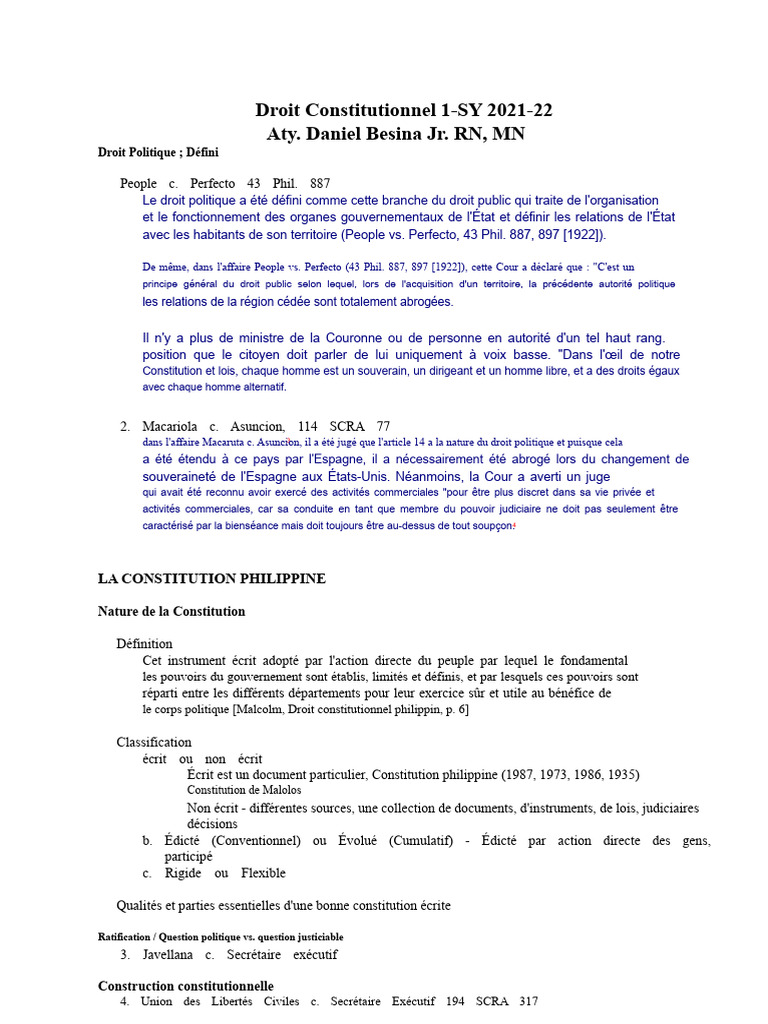 Plan de cours de Droit Constitutionnel 1 - 2022-23 - édité | PDF ...