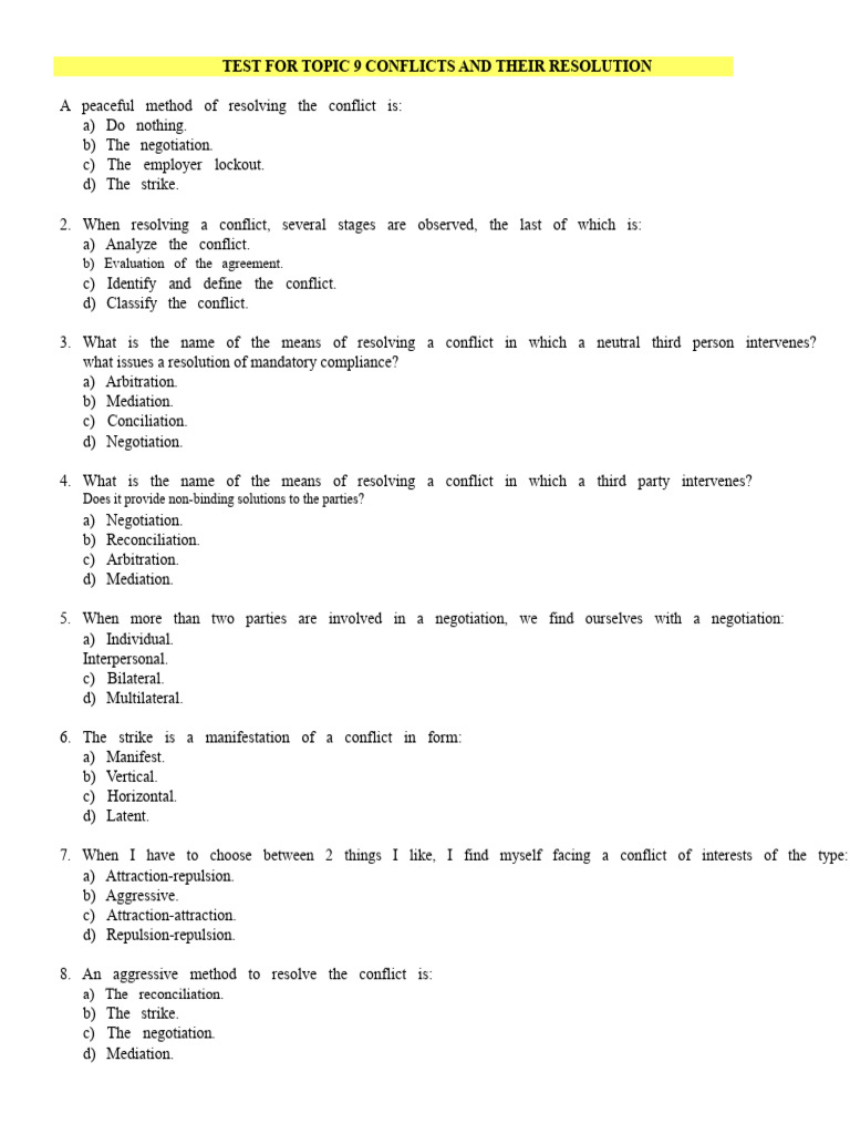 Test On Topic 9 Conflicts and Their Resolution | PDF | Conflict ...