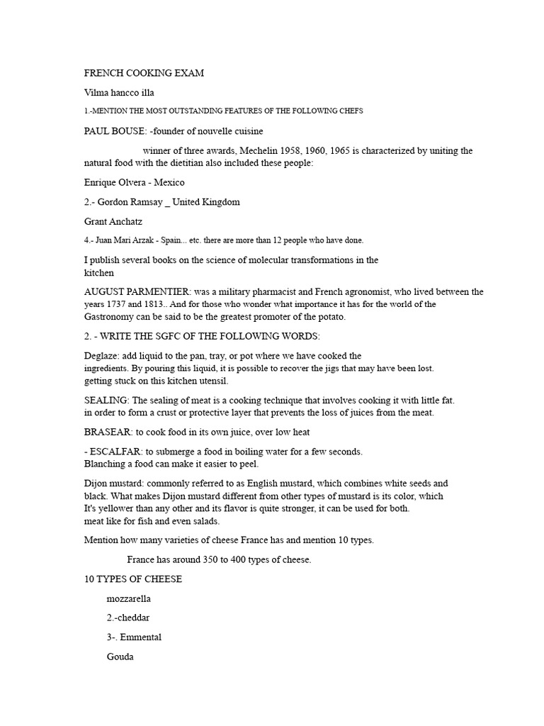 FRENCH COOKING EXAM - copy | PDF | Mustard (Condiment) | Cheese