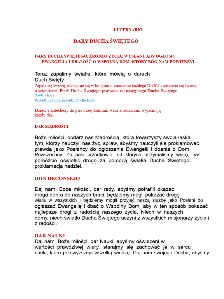 Dary Ducha Świętego Wigilia Zesłania Ducha Świętego | PDF