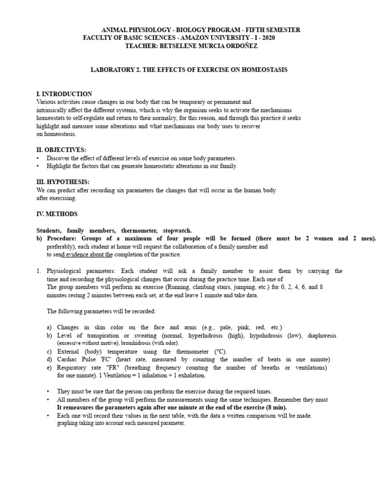 Laboratory 2. The Effects of Exercise On Homeostasis | PDF ...