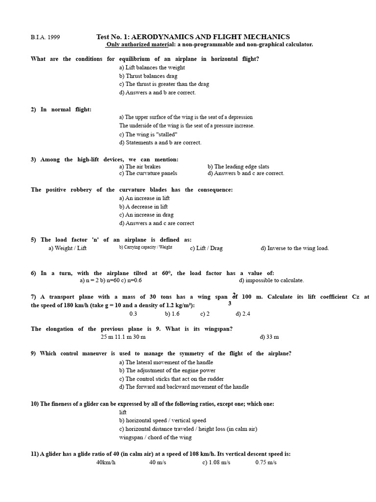 Aerodynamics Multiple Choice Questions | PDF | Lift (Force ...
