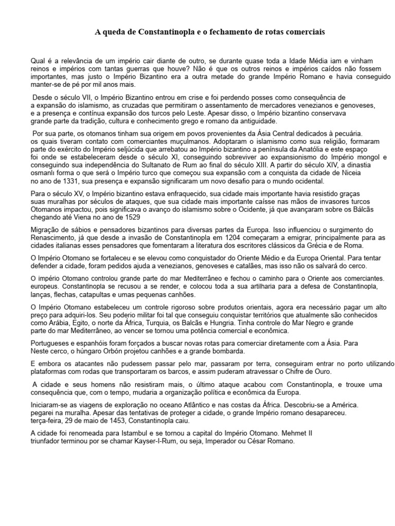 Queda de Constantinopla e Impactos Econômicos | PDF | Império Bizantino ...
