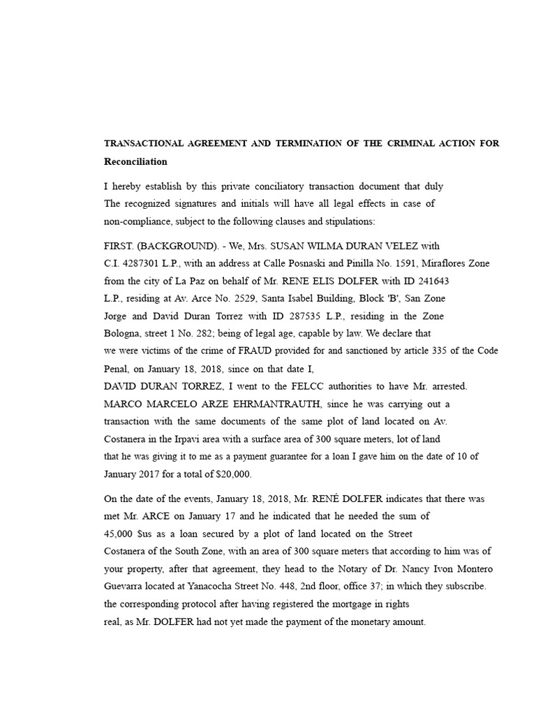 TRANSACTIONAL AGREEMENT AND EXTINCTION OF THE CRIMINAL ACTION BY ...