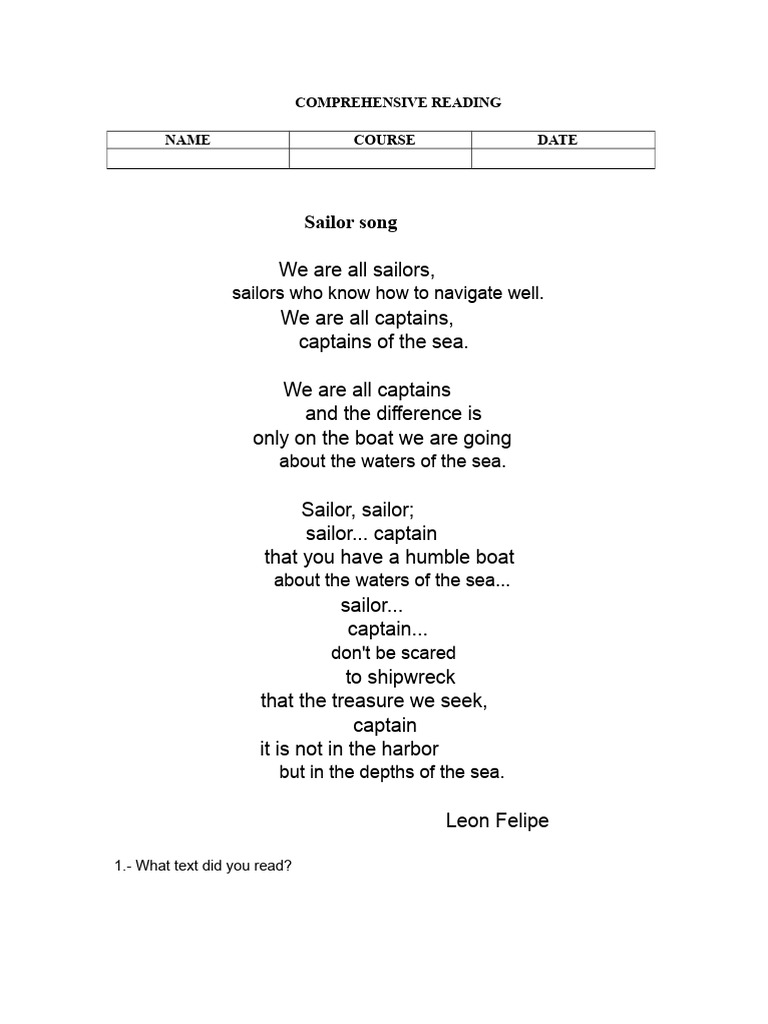 Sailor Poem Reading Comprehension Quiz | PDF