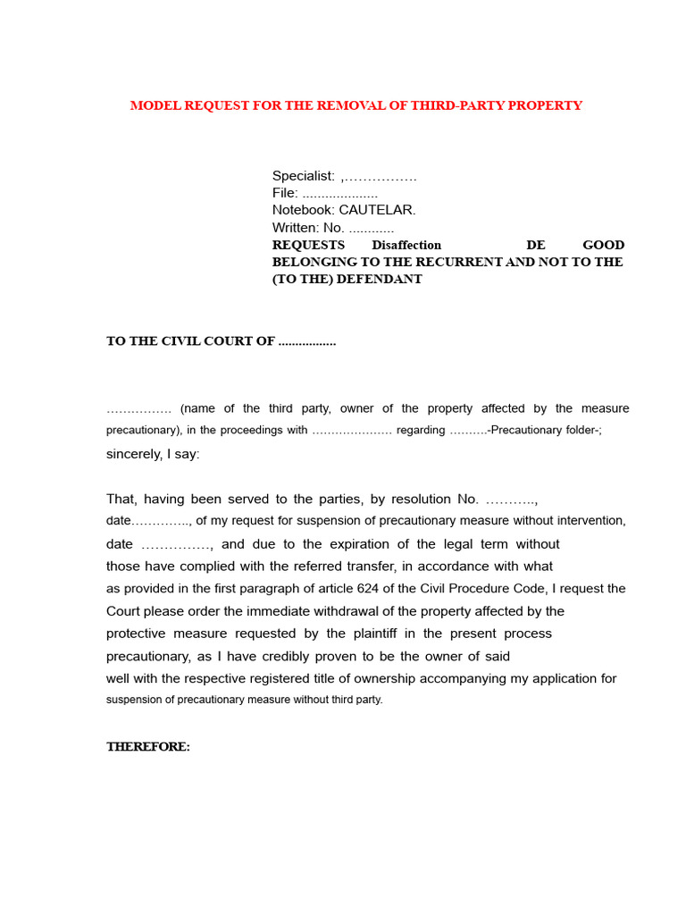 Model Request For The Exclusion of Third Party Property | PDF