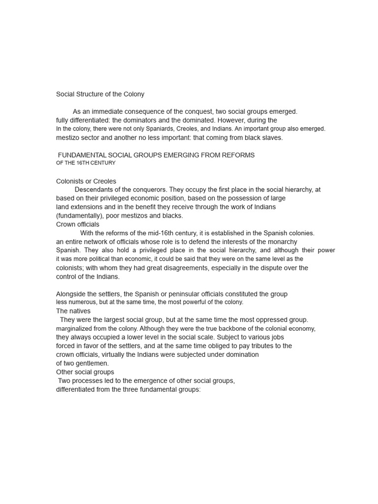 Social Structure of The Colony | PDF | Latin America | Cultural ...