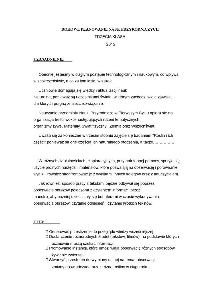 Roczny plan nauk przyrodniczych | PDF
