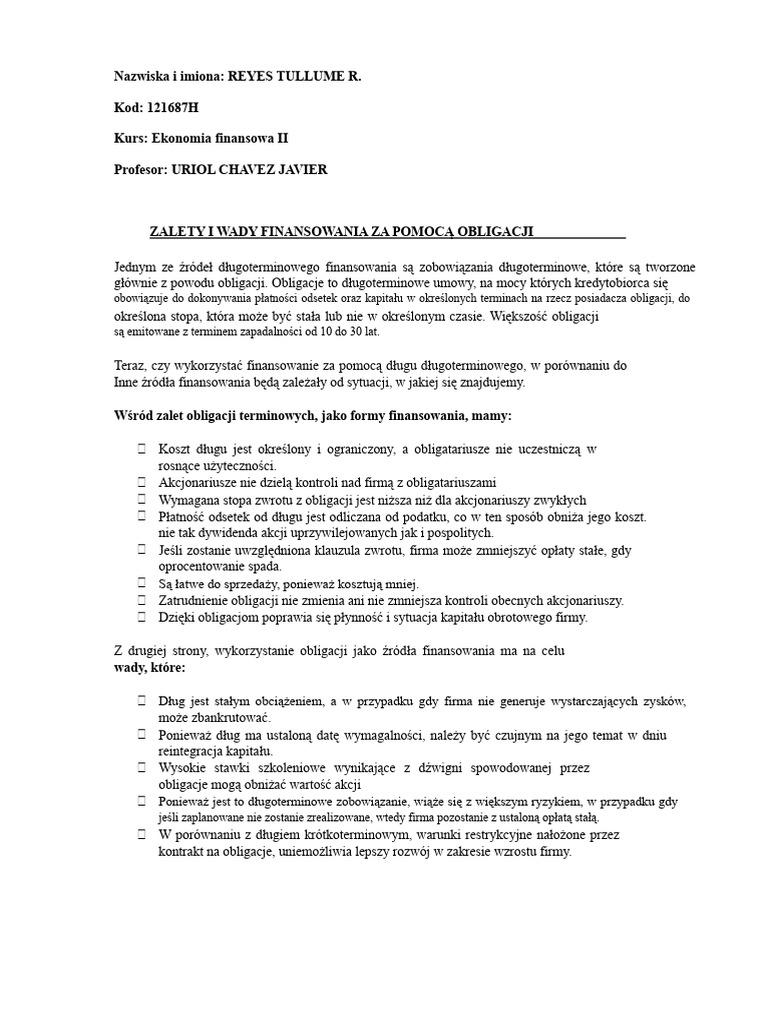 Zalety I Wady Finansowania Za Pomocą Obligacji | PDF