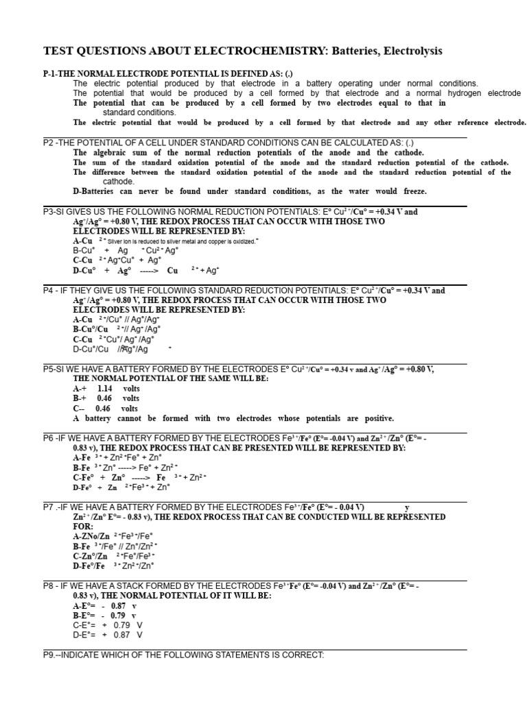 Electrochemistry Test Questions: Batteries & Reactions | PDF | Redox ...