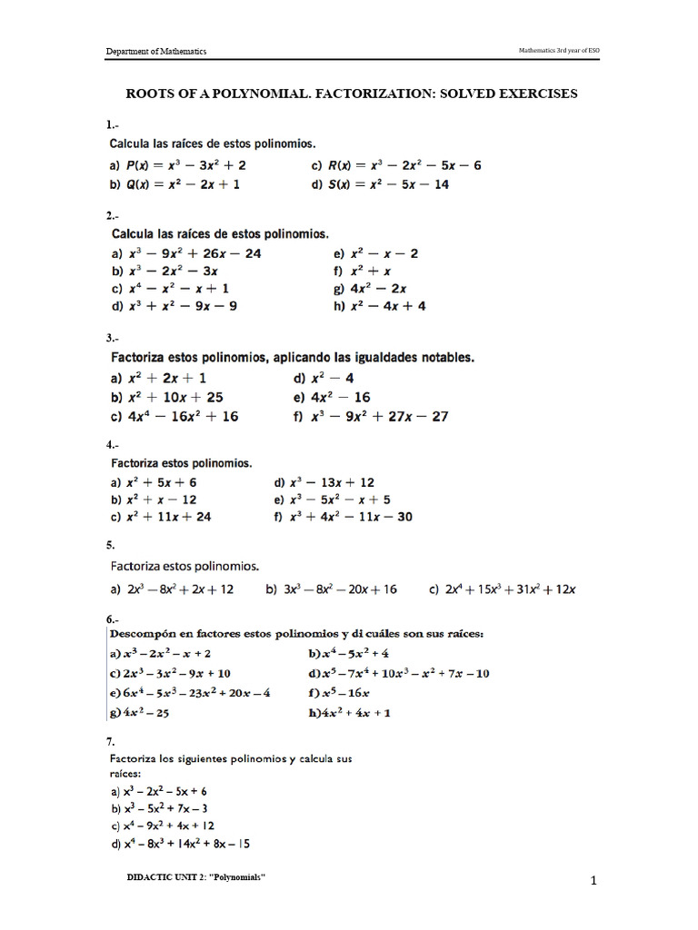 Rai Ces of A Polynomial. Factorization. Solved Exercises | PDF