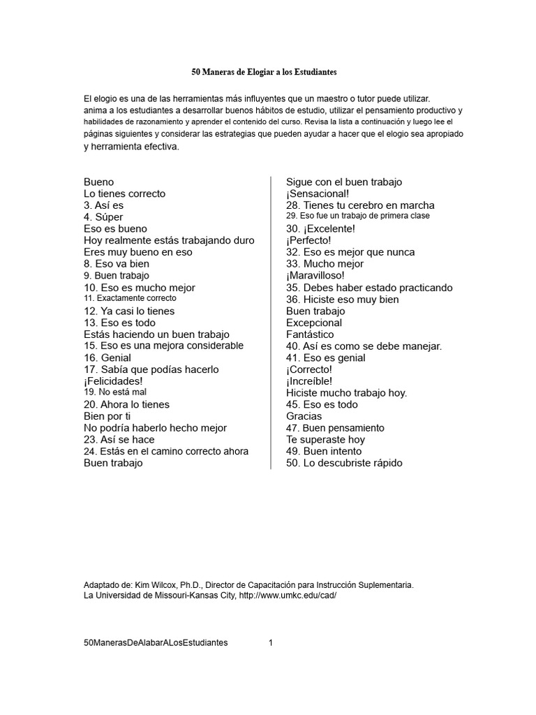 50 Formas de Elogiar a Estudiantes | PDF | Aprendizaje | Cognición