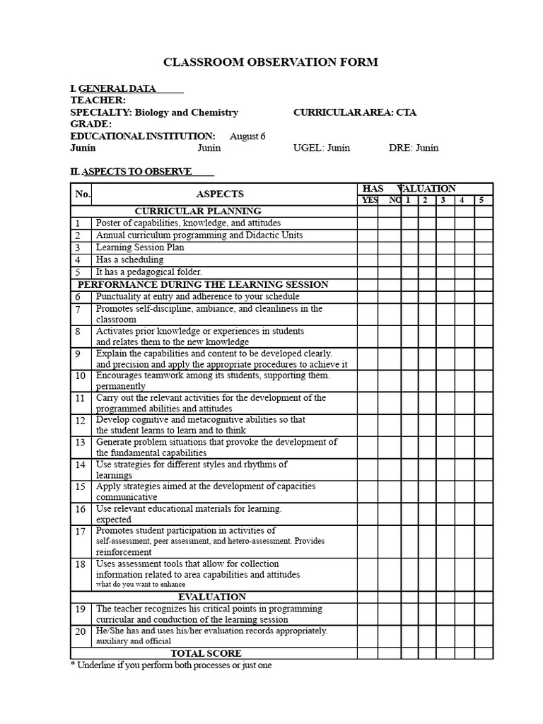 Classroom Observation and Evaluation Form | PDF | Curriculum | Teachers