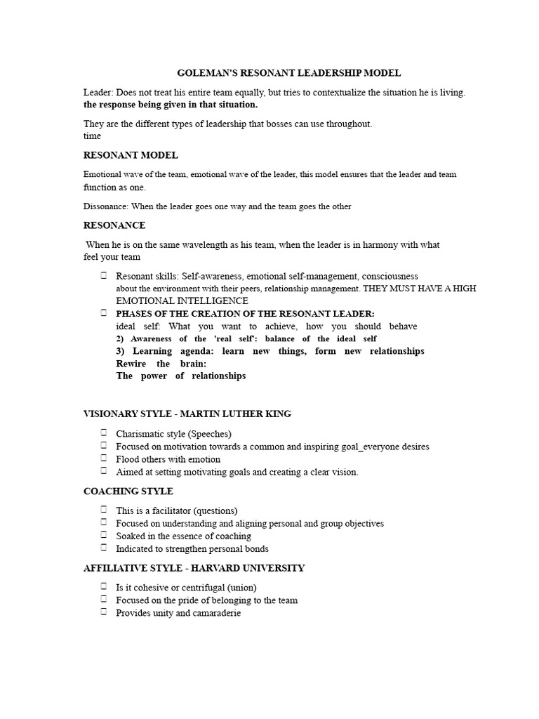 Goleman's Resonant Leadership Styles | PDF | Leadership | Psychology