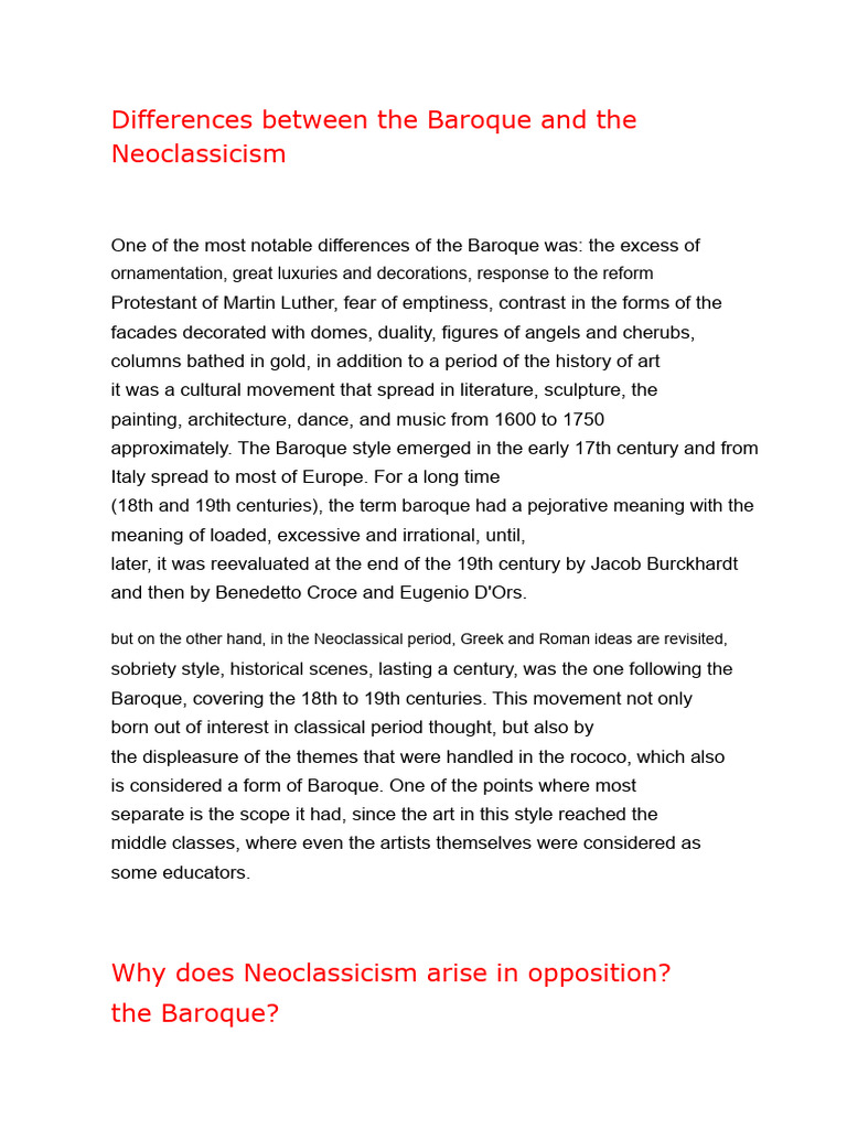Differences Between Baroque and Neoclassicism | PDF